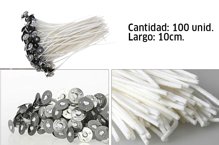 INSUMOS: SET 100 MECHAS PABILO c/OJALILLO 10cm p/VELAS (CS)